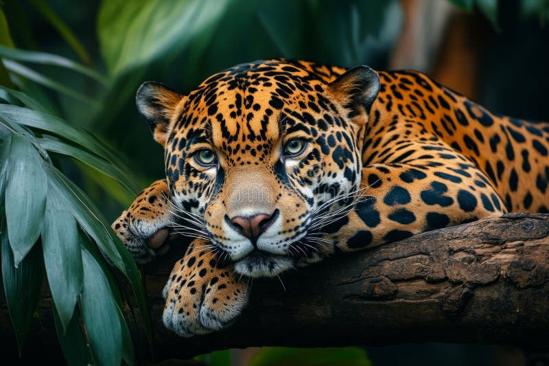 Powerful Jaguar Resting on a Branch in Lush Tropical Rainforest Stock ...