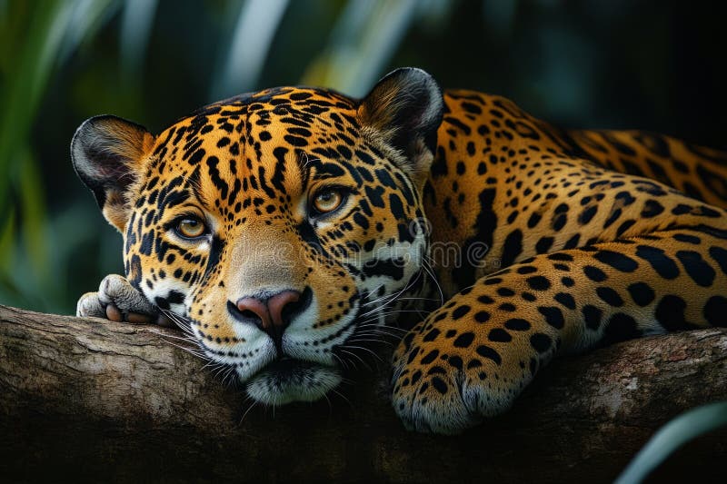Jaguar Resting on a Tree Branch in Its Habitat. Stock Photo - Image of ...