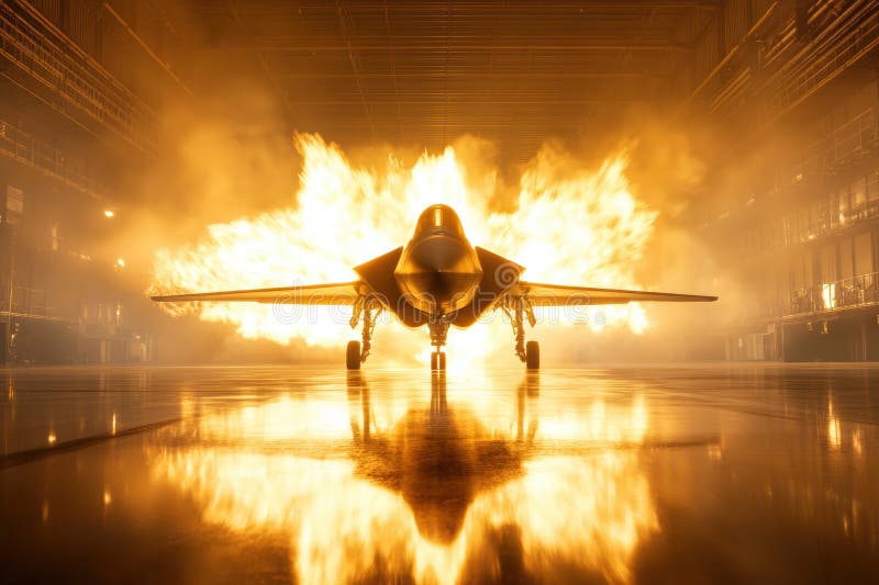 Powerful Jet Amidst Flames with Dramatic Reflection in a Dimly Lit ...