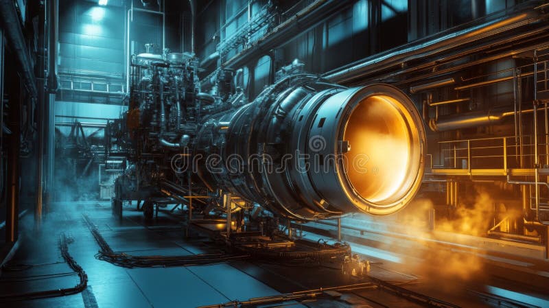 Powerful Jet Engine on Display in a Futuristic Workshop with Vibrant ...