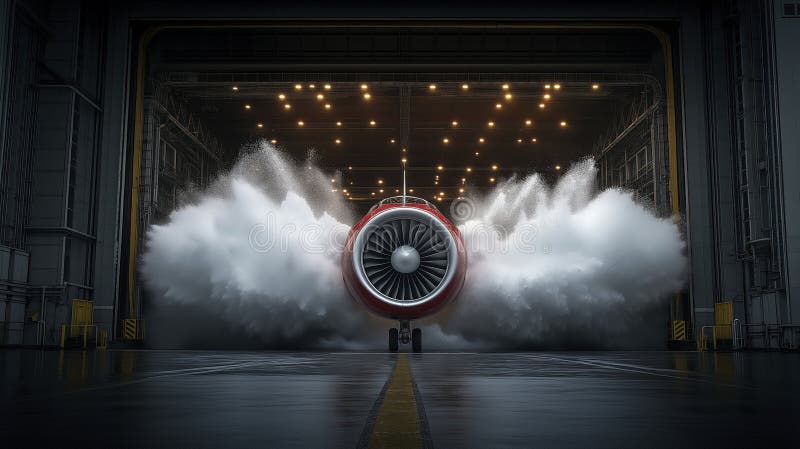 Powerful Jet Engine Erupts with Clouds of Mist in a Spacious Hangar ...