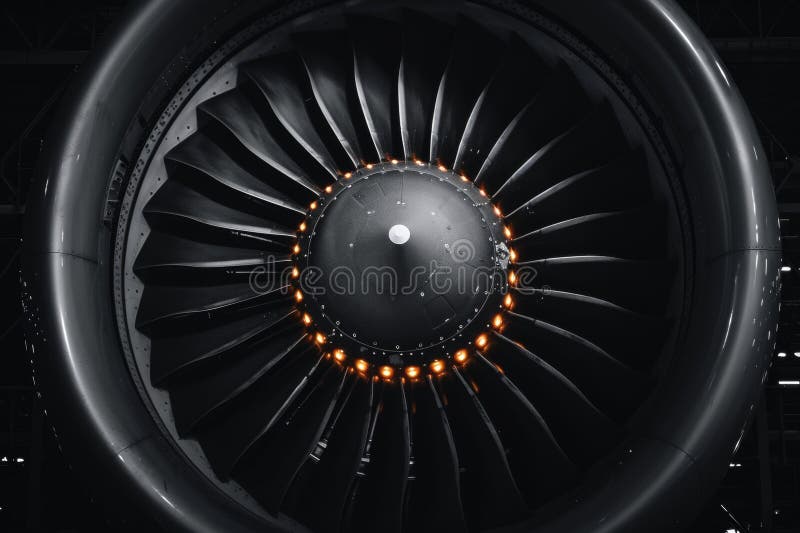 Close-up of a Jet Engine with Illuminated Turbine Blades Showcasing ...