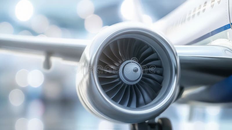 Powerful Jet Engine Turbine Rotating, Blurred Airport Background ...