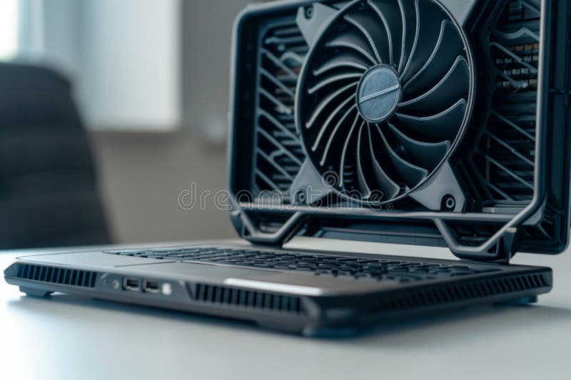 A Powerful Laptop Cooling System in a Modern Office Workspace Stock ...