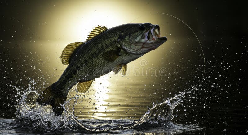 Majestic Largemouth Bass Leaping from Water at Sunset Stock ...