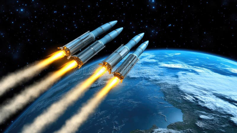 A Powerful Launch Event Features Several Rockets Taking Off, with Earth ...