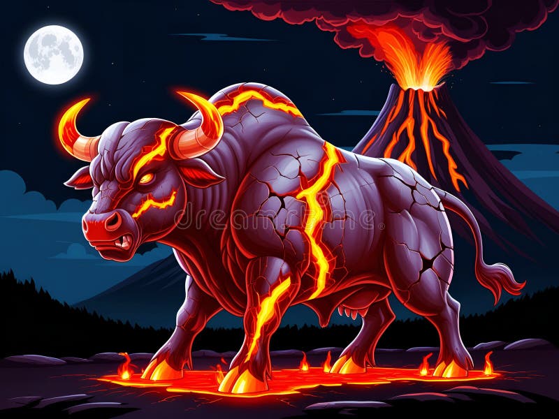 Powerful Lava-infused Bull beside Volcano at Night Illustration Stock ...