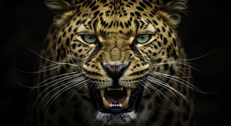 Powerful Leopard Close-Up: Ferocious Gaze and Bared Teeth Stock ...