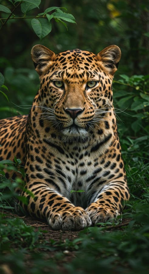 Powerful Leopard in Lush Green Forest Stock Illustration - Illustration ...