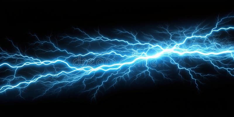 A Powerful Light Blue Lightning Electrical Strike or Bolt on a Black ...