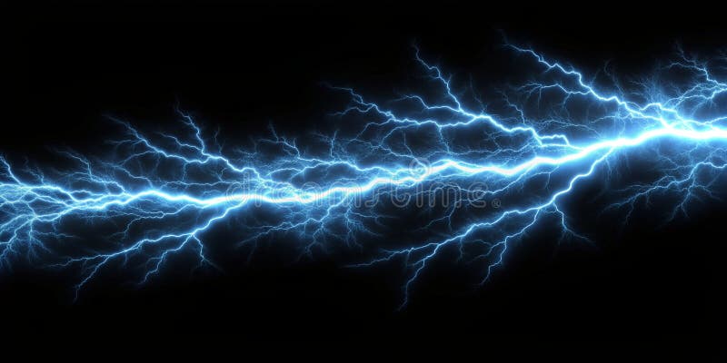 A Powerful Light Blue Lightning Electrical Strike or Bolt on a Black ...