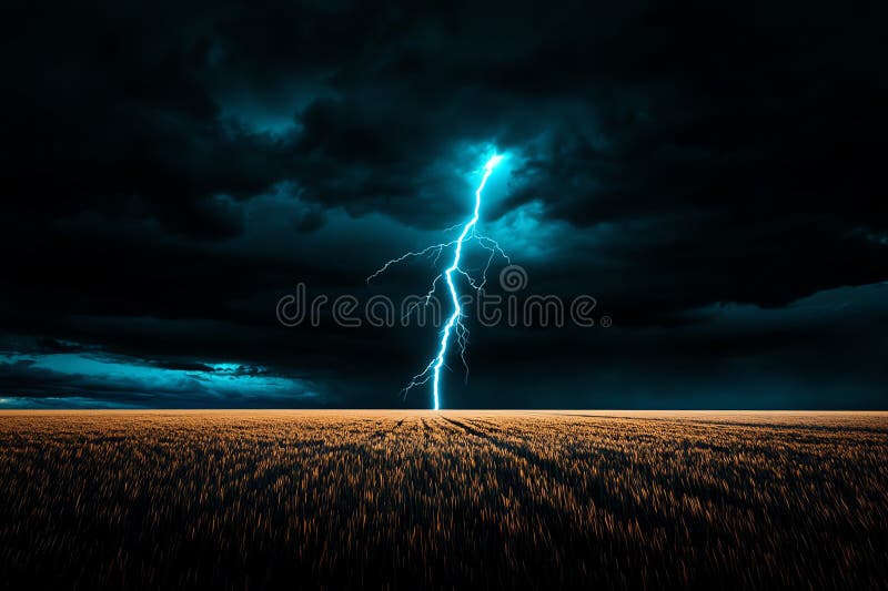 A Powerful Lightning Bolt Strikes a Field during a Stormy Night. the ...
