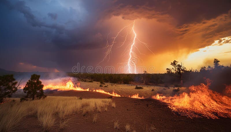 Powerful Lightning Bolt Strikes Ground, Wildfire in Forest. Nature ...