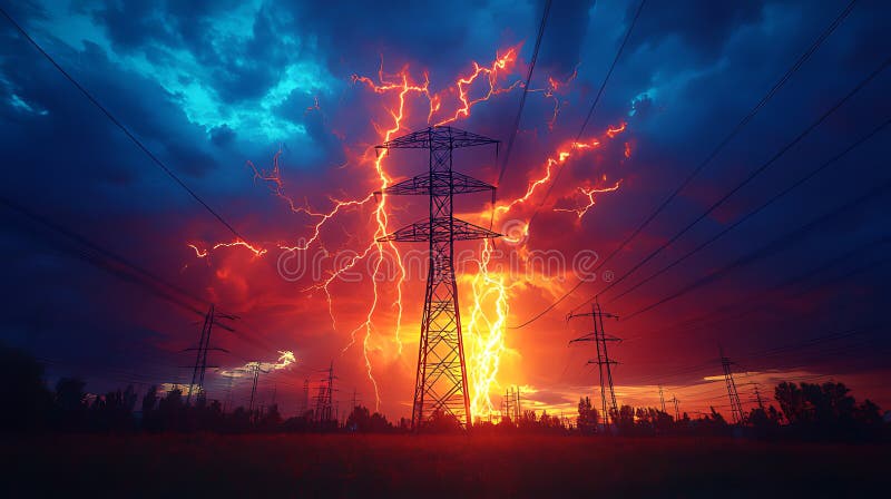 A Powerful Lightning Bolt Strikes a High-voltage Power Line Tower ...