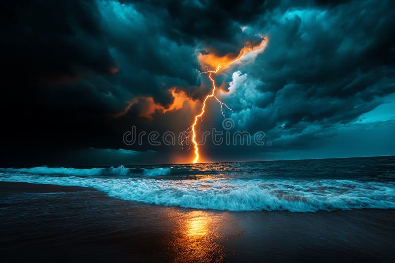 A Powerful Lightning Bolt Strikes the Ocean during a Dramatic Storm ...