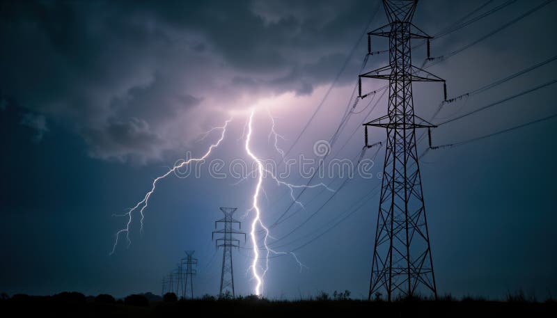 Powerful Lightning Bolt Strikes Power Lines at Night during Storm. Dark ...