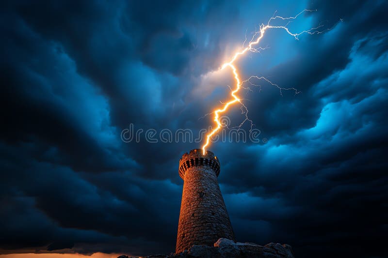 A Powerful Lightning Bolt Strikes a Tall Tower during a Dramatic Storm ...
