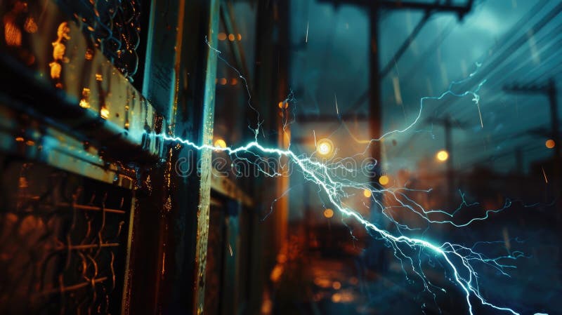 A Powerful Lightning Bolt Striking a Metal Fence during a Storm Stock ...