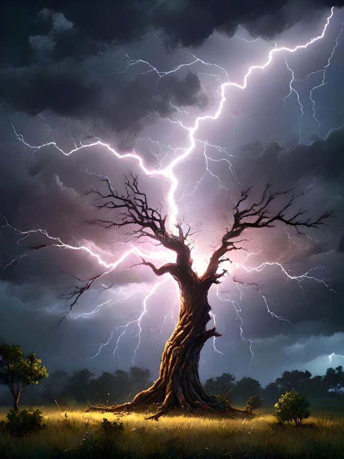 A Powerful Lightning Bolt Striking a Tree Stock Illustration ...