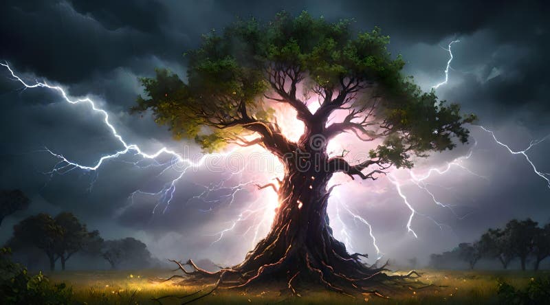 A Powerful Lightning Bolt Striking a Tree Stock Illustration ...