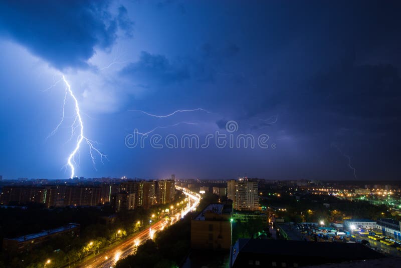 Powerful Lightning Discharge Over the Moscow Stock Image - Image of ...
