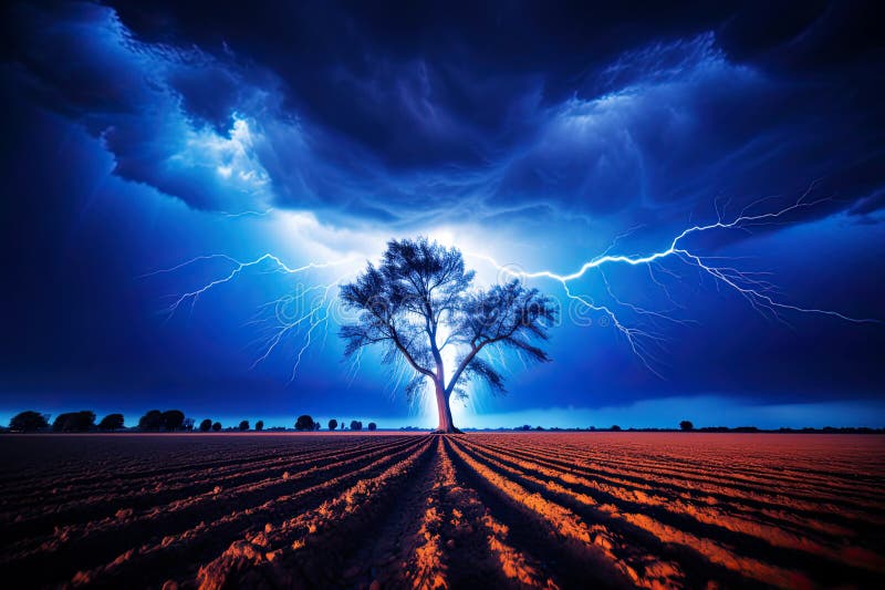 Powerful Lightning Night Field Strike Tree Generative AI Stock ...