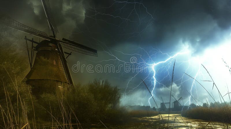 Powerful Lightning Storm Illuminates a Traditional Windmill at Night ...