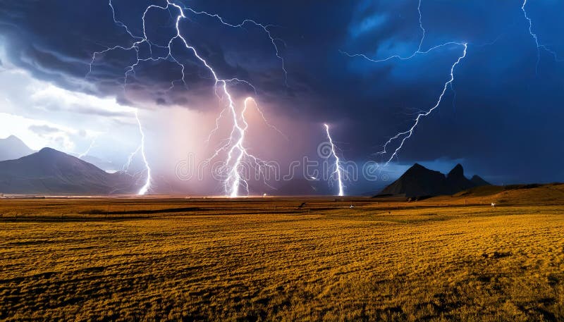 Powerful Lightning Storm with Multiple Bolts Striking Over Field ...