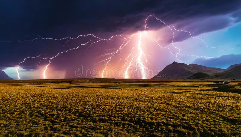 Powerful Lightning Storm with Multiple Bolts Striking Over Field ...