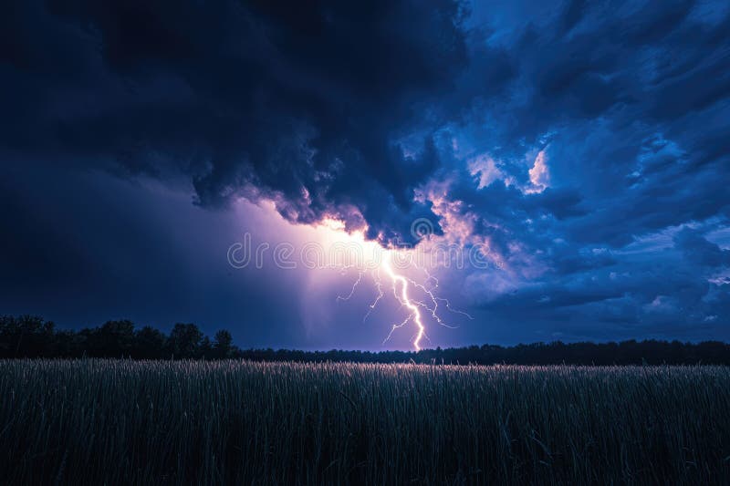 Powerful Lightning Strike with Dark Blue Storm Clouds Above the Field ...