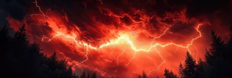 Powerful Lightning Strike with Dark Red Storm Clouds Above the Forest ...