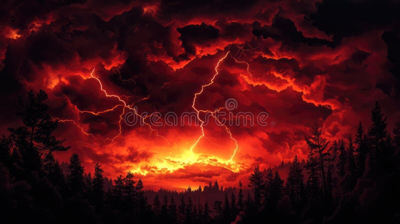 Powerful Lightning Strike with Dark Red Storm Clouds Above the Forest ...