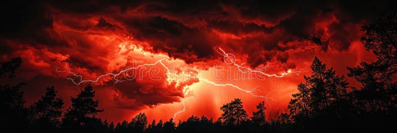 Powerful Lightning Strike with Dark Red Storm Clouds Above the Forest ...