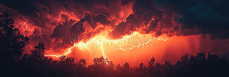 Powerful Lightning Strike with Dark Red Storm Clouds Above the Forest ...