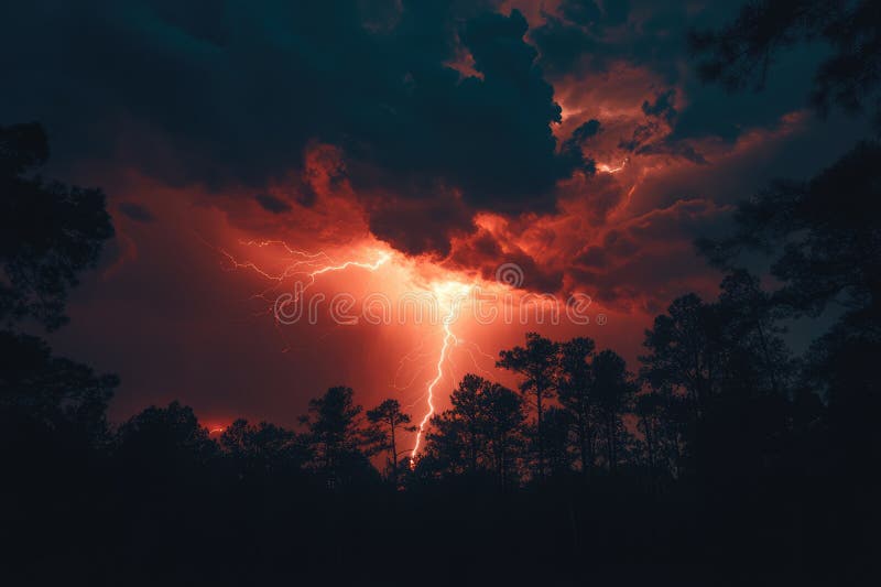 Powerful Lightning Strike with Dark Red Storm Clouds Above the Forest ...