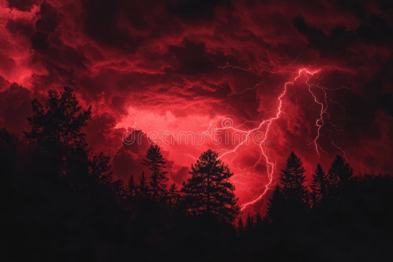 Powerful Lightning Strike with Dark Red Storm Clouds Above the Forest ...