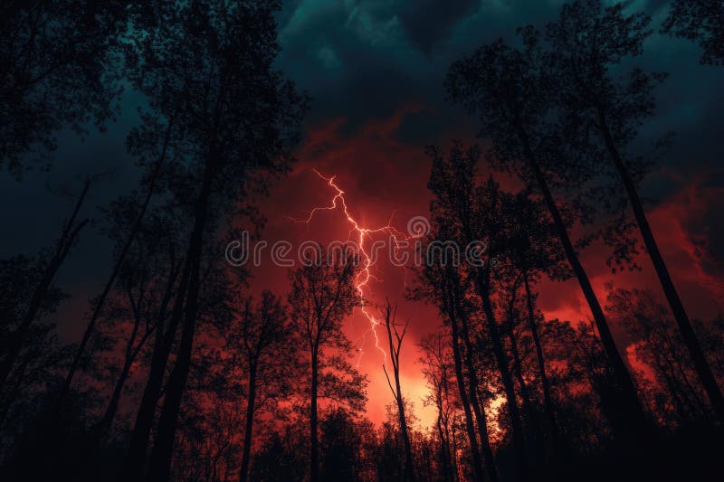 Powerful Lightning Strike with Dark Red Storm Clouds Above the Forest ...