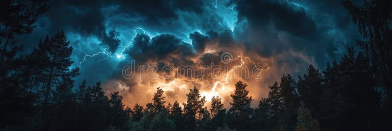 Powerful Lightning Strike with Dark Storm Clouds Above the Forest ...