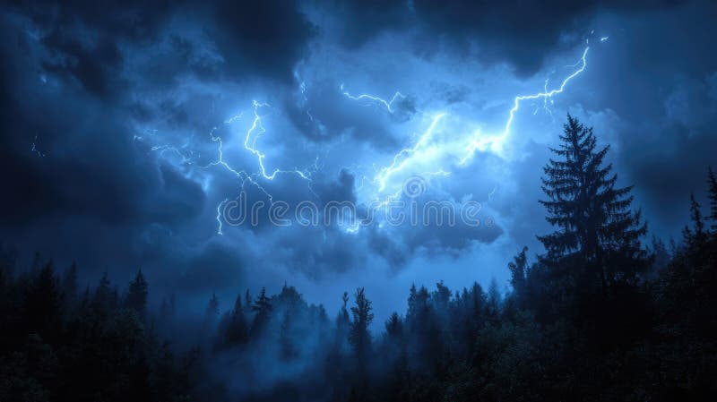 Powerful Lightning Strike with Dark Storm Clouds Above the Forest ...