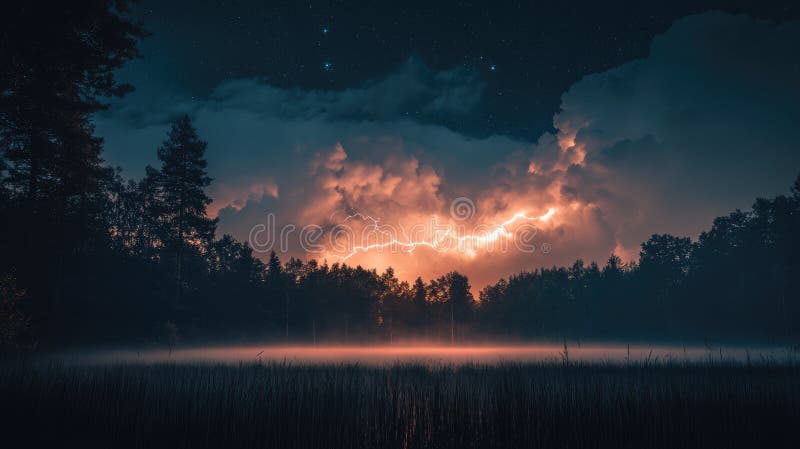 Powerful Lightning Strike with Dark Storm Clouds Above the Forest ...