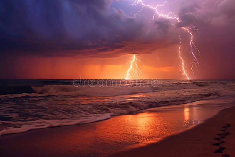 Powerful Lightning Strike on Distant Ocean Waves Stock Illustration ...