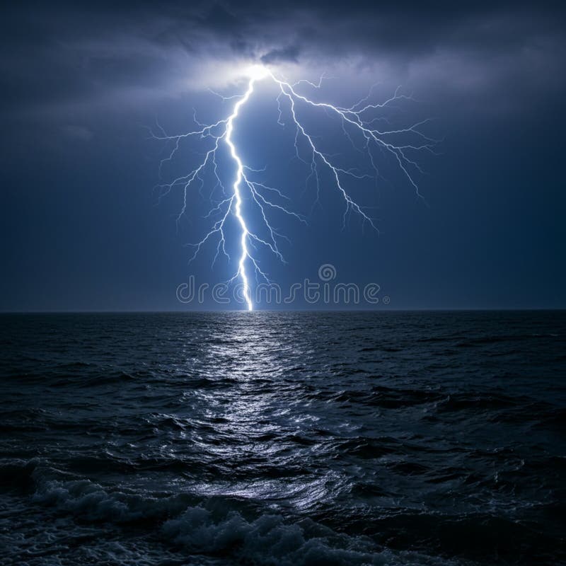 A Powerful Lightning Strike Illuminates a Dark, Stormy Sea. the ...