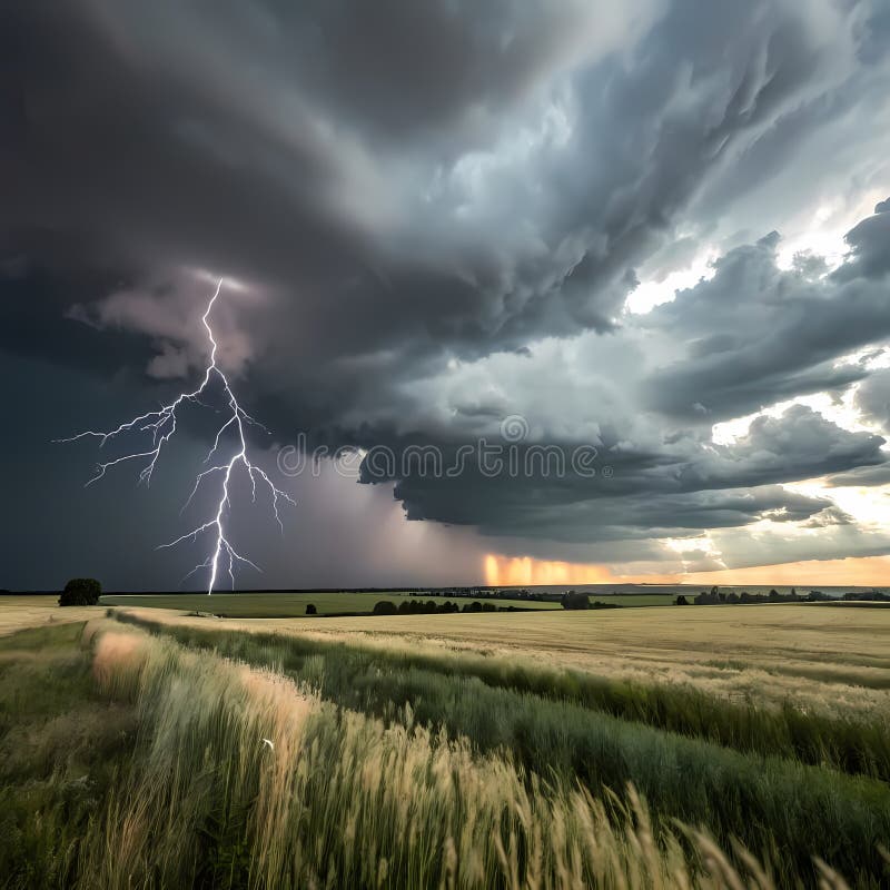 Dramatic Thunderstorm with Lightning Striking Over Open Field Landscape ...