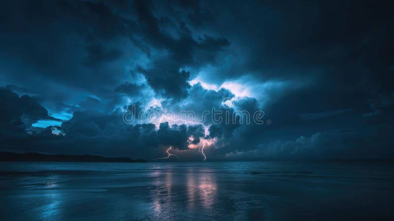Powerful Lightning Strike in the Sky with Dark Blue Storm Clouds Above the Sea at Night Stock ...