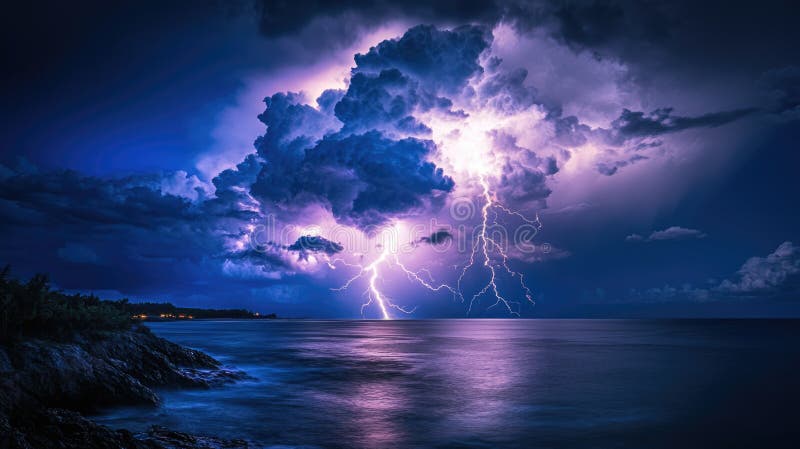 Powerful Lightning Strike in the Sky with Dark Blue Storm Clouds Above ...