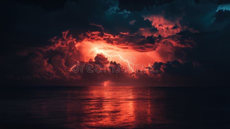 Powerful Lightning Strike in the Sky with Dark Red Storm Clouds Above ...