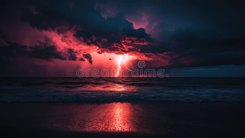 Powerful Lightning Strike in the Sky with Dark Red Storm Clouds Above ...