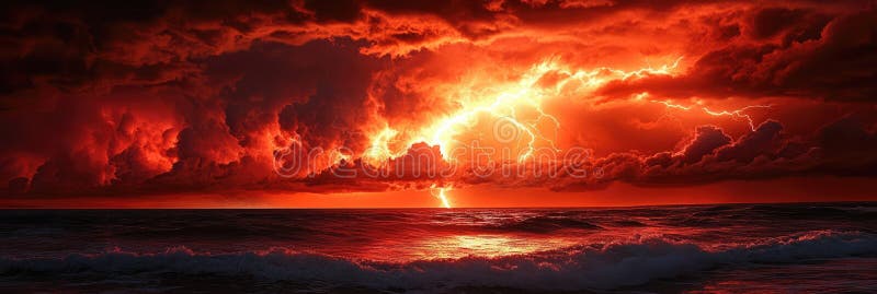 Powerful Lightning Strike in the Sky with Dark Red Storm Clouds Above ...