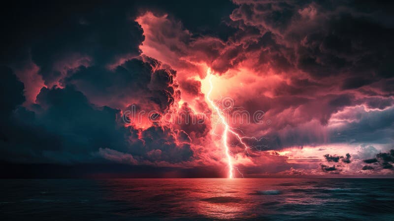 Powerful Lightning Strike in the Sky with Dark Red Storm Clouds Above ...