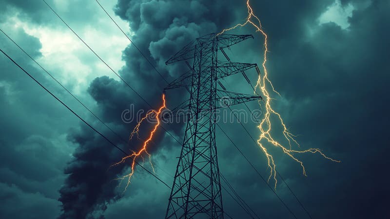 Dramatic Lightning Strikes Power Tower Dark Cloudscape Intense Energy Electrical Storm Sky Grid ...